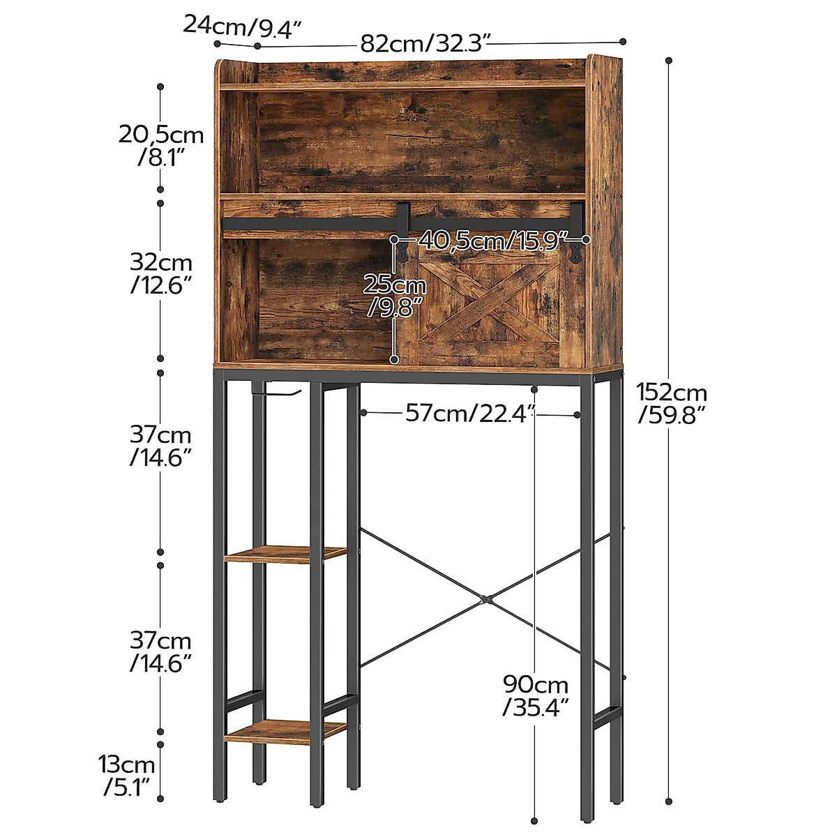 HOOBRO Over The Toilet Storage Cabinet, Bathroom Organizer Stand with Toilet Paper Holder, Space-Saving Toilet Storage Rack, Sliding Barn Door, Rustic Brown and Black BF82TS01