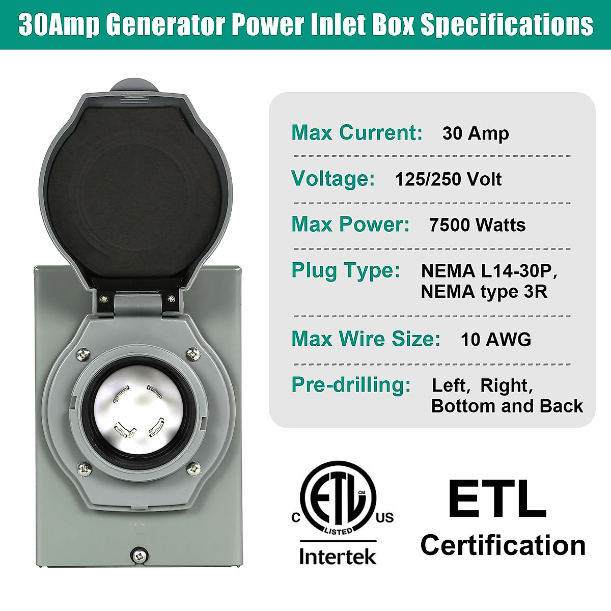 OUTPRIZE Pre-Drilled Generator Inlet Box, NEMA 3R 30 Amp Outdoor Waterproof Power Inlet Box, NEMA L14-30P 4 Prong, 125/250 Volt, 7500 Watts, ETL Listed