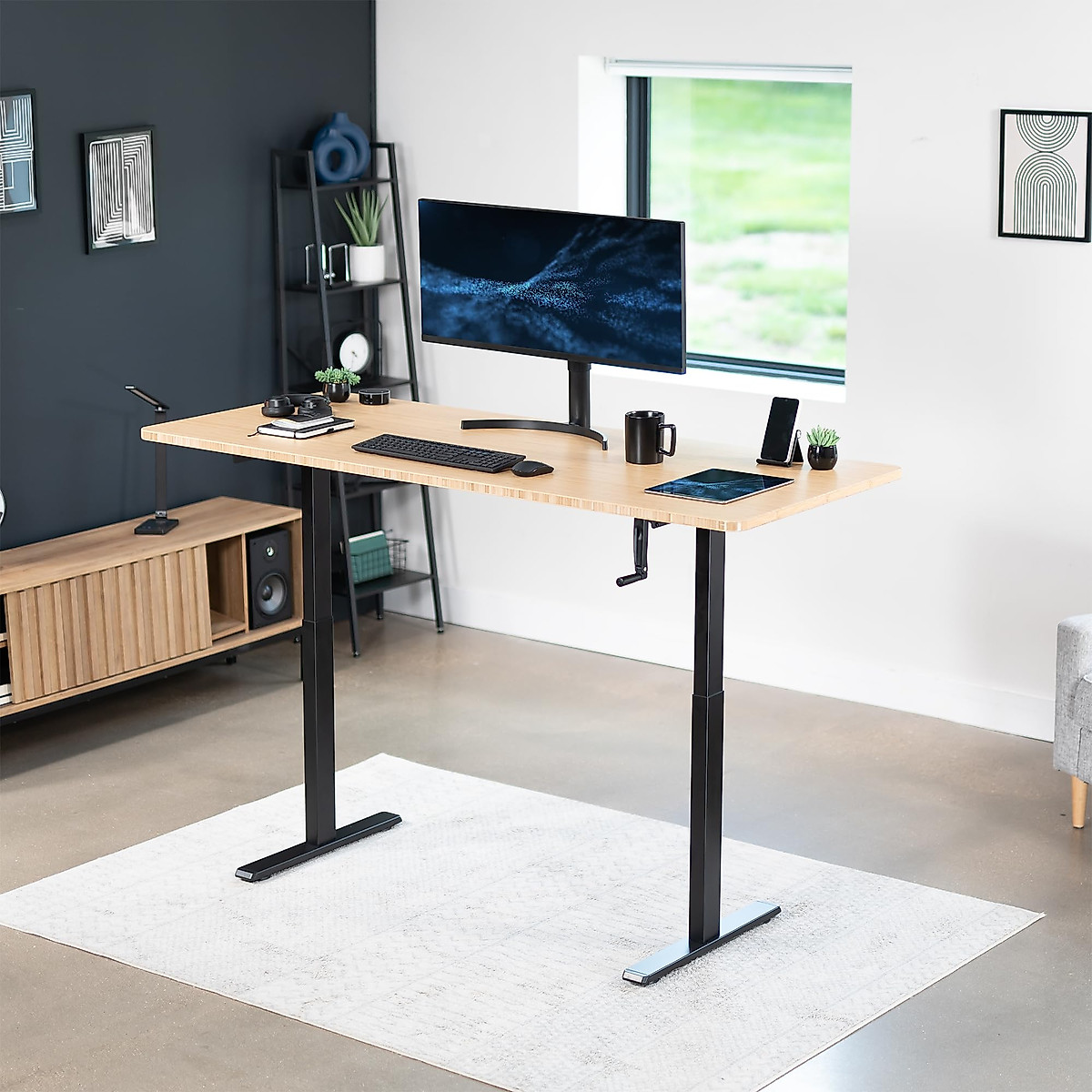 VIVO Black Manual Height Adjustable Stand Up Desk Frame with Hand Crank System, Ergonomic Standing 2 Leg Workstation, DESK-V101M