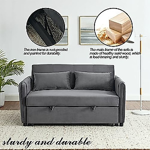 Mbolyeer 54" Modern Convertible Sleeper Sofa Bed, Velvet Loveseat Sofa Couch w/Pull-Out Bed, Seat with Adjustable Backrest, Lumbar Pillows, and Living Room Side Pockets, Gray