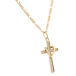 10k Yellow Gold, Rose Gold and White Gold Heart & Cross Pendant with an 16, 18, 20 and 22 Inch Gold Overlay Figaro Necklace (18 Inch, Yellow Gold)