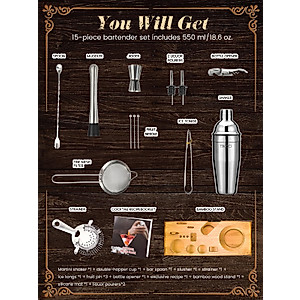 Bartender Kit, TNCO Cocktail Shaker Set with Stand,Bar Set Drink Mixer Set with All Essential Bar Accessory,Martini Mixer Cup with Muddler,Jigger, Strainer,Ice Tongs,Spoon,Liquor Pourers,Ice Filter