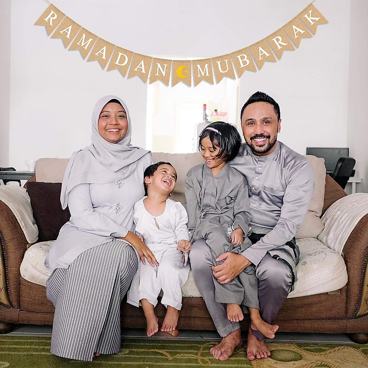 Jute Burlap Ramadan Mubarak Banner with Moon and Star Mantel Fireplace Decoration