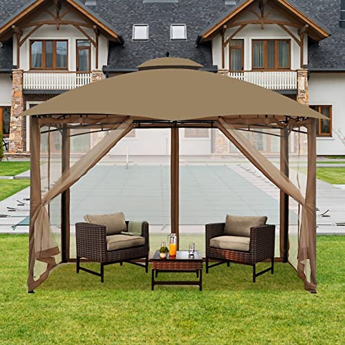 Gazebo Universal Replacement Mosquito Netting – Hugline 10' x 12' Outdoor Mesh Netting Screen 4-Panel Sidewall Curtain with Zipper (Khaki)