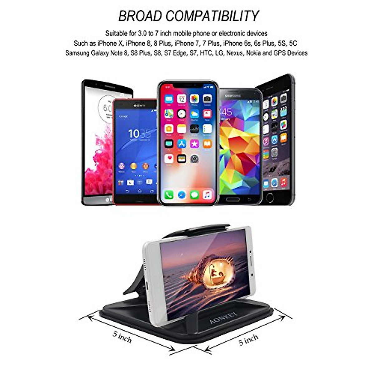 AONKEY Cell Phone Holder for Car, Dashboard Anti-Slip Vehicle GPS Car Mount Universal for All Smartphones, Compatible iPhone XR XS Max X 8 7 6S Plus, Galaxy S10/S9 Plus S8 Note 9/8, LG V30, Pixel 3 XL