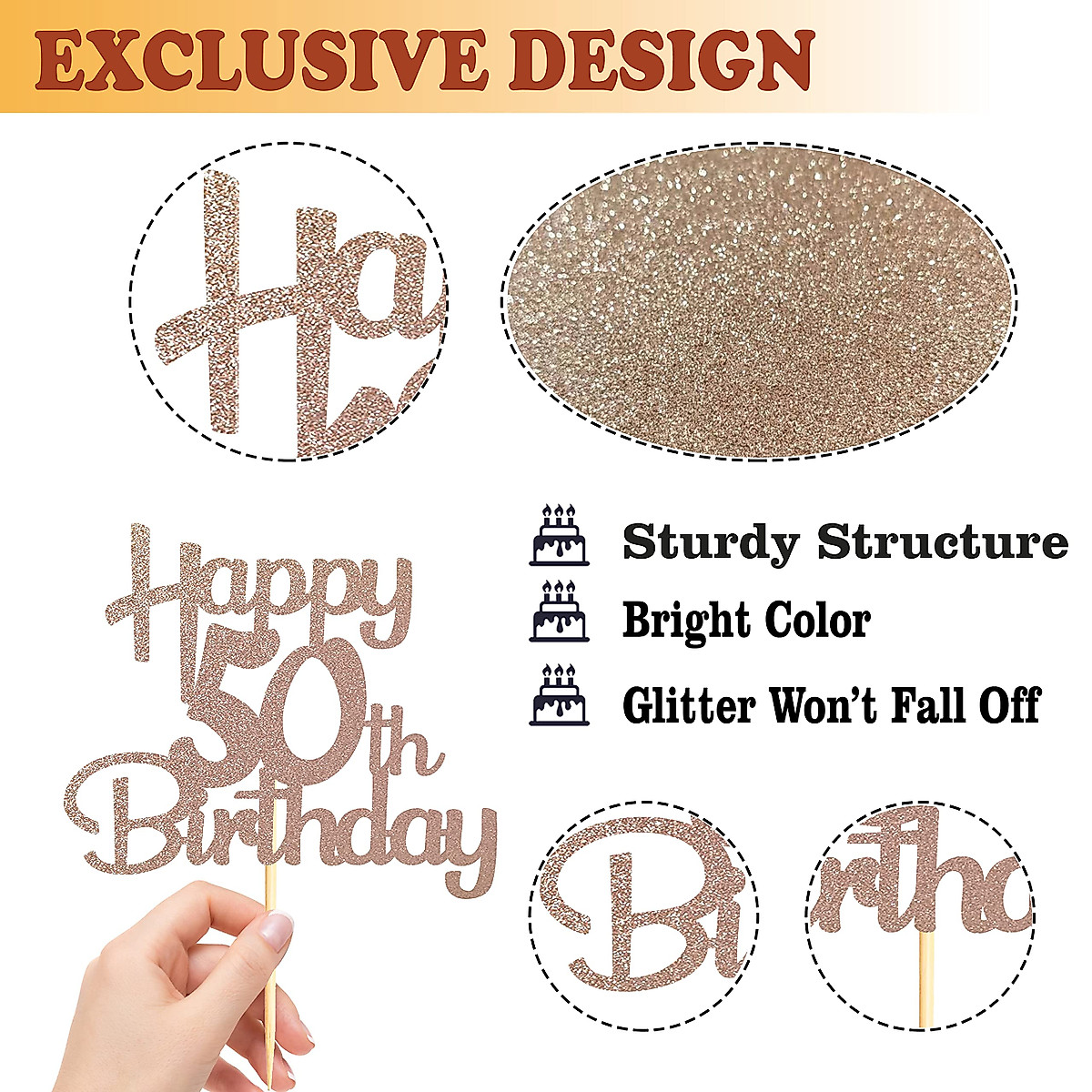 Sotpot Happy 50th Birthday Cake Topper Rose Gold Glitter 50th Cake Toppers 50 Birthday Cake Decorations Cheers to 50 Fabulous Party Cake Picks - 1 Pack