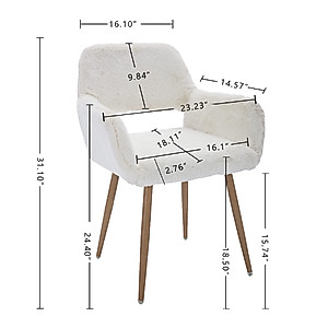 Furry Desk Chair Set of 2, Mid-Century Modern Accent Faux Fur Chair for Teen Girls, Comfy Armchair with Wood Look Metal Legs for Living Dining Room, Home Vanity Makeup Office Desk Chair No Wheel,White