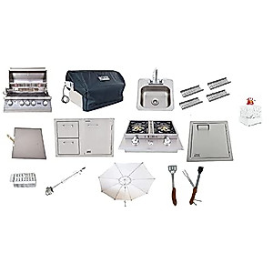 AMS Fireplace Lion BBQ Package Gas Grill 32", Double Side Burner, Door Drawer Combo, Vertical Door, Sink with Faucet and Accessories (Liquid Propane) | Free Table-top Bio Ethanol Fire Pit.
