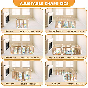 Foldable Baby Playpen for Toddlers, Expandable Wooden Play Fence, Large Wood Playpen Safety Playard for Indoor & Outdoor, Safe Play Area Kids Activity Center (26“ tall, 8-Panel)