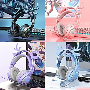 Atrasee Stereo Gaming Headset for PS4 PC Xbox One PS5 Controller, Noise Cancelling Over Ear Headphones with Mic, LED Light, Bass Surround, Soft Memory Earmuffs for Laptop Mac Nintendo (Blue Antlers)