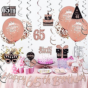 WOJOGO 65th Birthday Decorations for Women, Rose Gold 65 Birthday Decorations For Women, Happy 65th Birthday Banner Hanging Swirls Birthday Cake Topper Balloons Decor Kit for Party Supplies