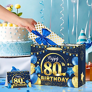 Blue 80th Birthday Gift Bag, Large Navy Blue Gold Happy 80th Birthday Gift Bag with Greeting Card and Tissue Paper for Men Women 80 Years Old Anniversary Birthday Party Favors Goodie Wrap Bag Supplies