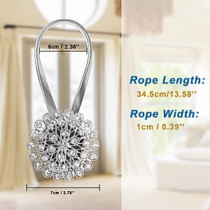 MYDAYTIN Silver Crystal Decor Curtain Tiebacks Magnetic Curtain Tieback, Crystal Flower Curtain Tiebacks with High Stretchy Wire Rope, Flower Curtain Buckle for Home, Office, Window Decoration