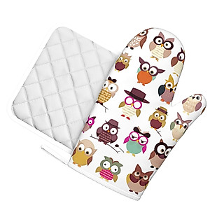 Oven Mitts Pot Holders Sets Funny Owl Cartoon Silicone Oven Gloves Kitchen Accessories for Baking Cooking Family Gathering