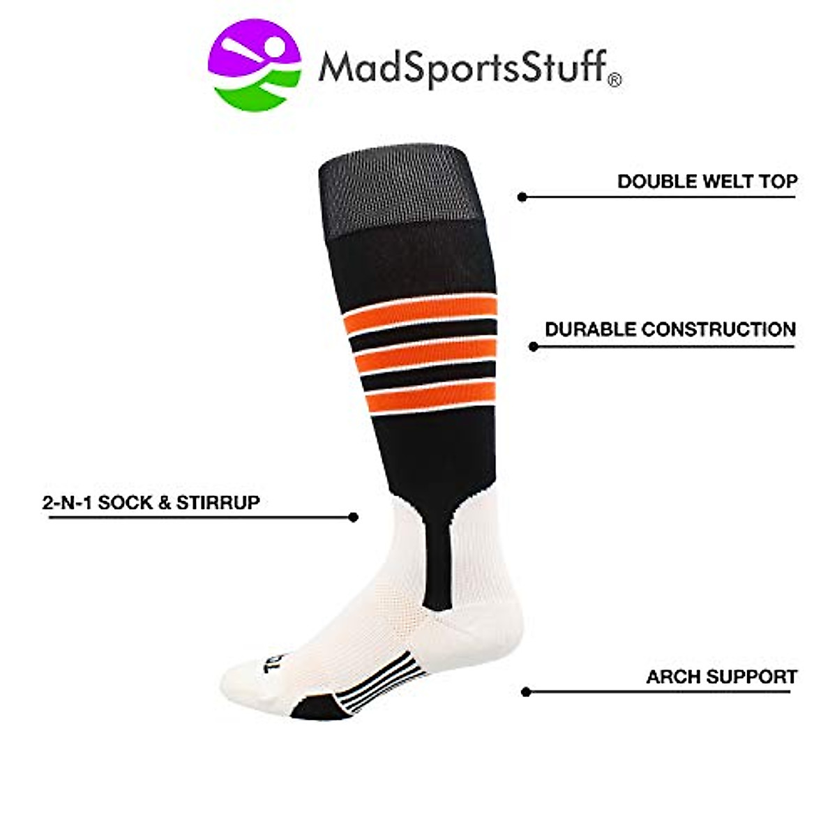 MadSportsStuff Baseball Stirrup Socks 3 Stripe (Black/Orange/White, Small)