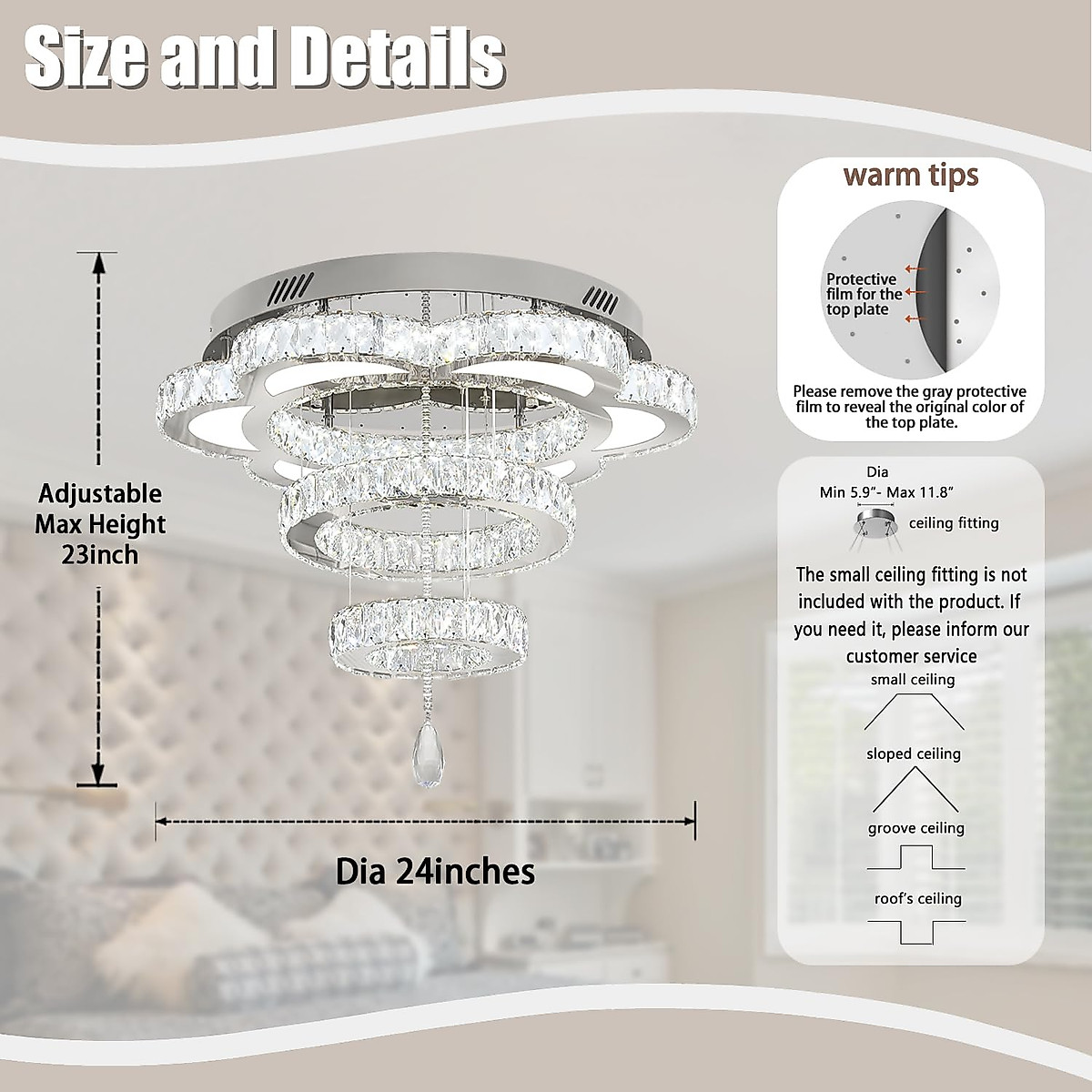 ykolupty W24 Crystal Chandeliers,Round Chandelier for Living Room Modern Ceiling Light Fixture Lamp for Foyer Bedrooms Dining Room Hallway LED Dimmable 2700K-6000K
