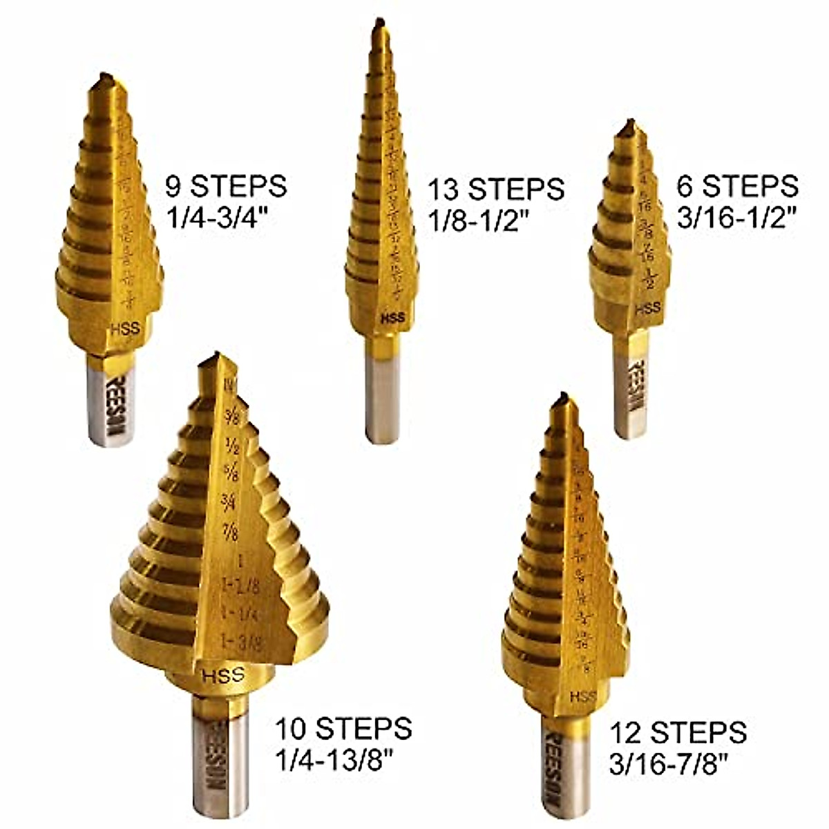 Reeson Step Drill Bits 5pcs 50 Sizes Unibit High Speed Steel Titanium Coated Double Cutting Blades for Sheet Metal Hole Drilling Cutting with Automatic Center Punch