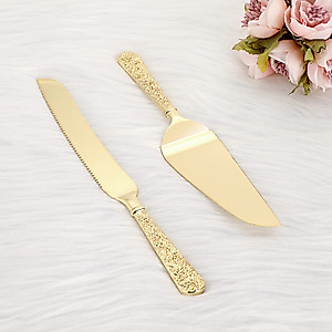 BSTKEY Pack of 2 Gold Cake Pie Pastry Servers, Cake Knife and Server Set, Vintage Engraved Cake Cutter Serving Spatula Set for Wedding Birthday Parties Christmas Thanksgiving and Events