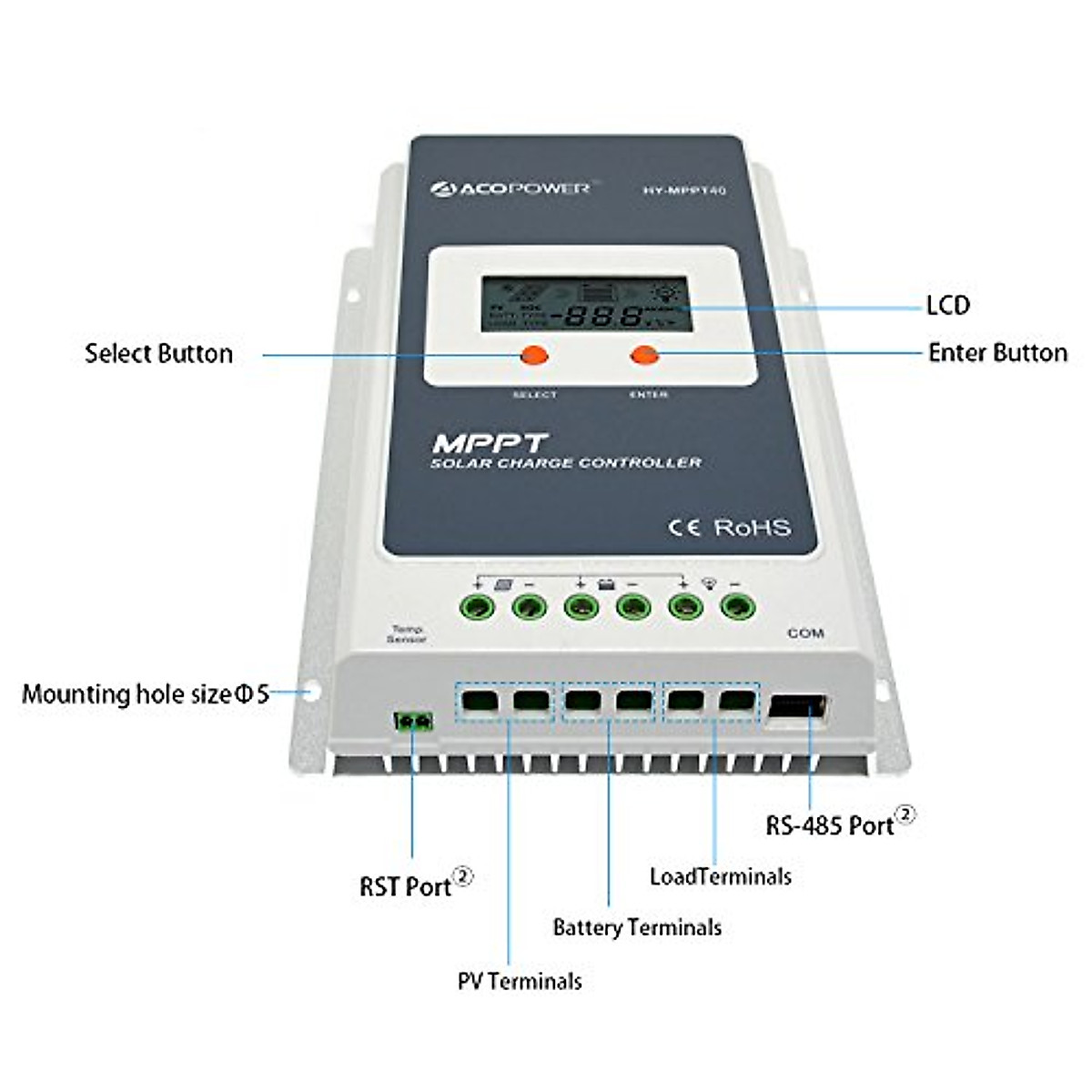 ACOPOWER 40A MPPT Solar Charge Controller 100V Input HY-MPPT40A with LCD Display