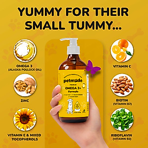 PetMade Omega 3 Fish Oil for Dogs - Deluxe Liquid Dog Skin and Coat Supplement for The Heart, with Wild Alaska Pollock Oil, Zinc, Vitamin C and E, 16 oz