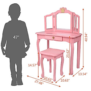 VALUE BOX Kids Vanity Table and Chair Set, 2 in 1 Princess Makeup Dressing Table with Drawer & Tri-Folding Mirror, Child Pretend Beauty Play Vanity Set for Girls
