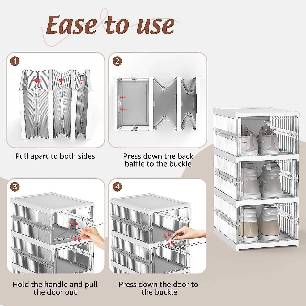 BoxLegend Shoe Storage, Shoe Boxes 3 Tiers Foldable Shoe Storage Boxes Space-saving Clear Sneaker Boxes Stackable Installation-free