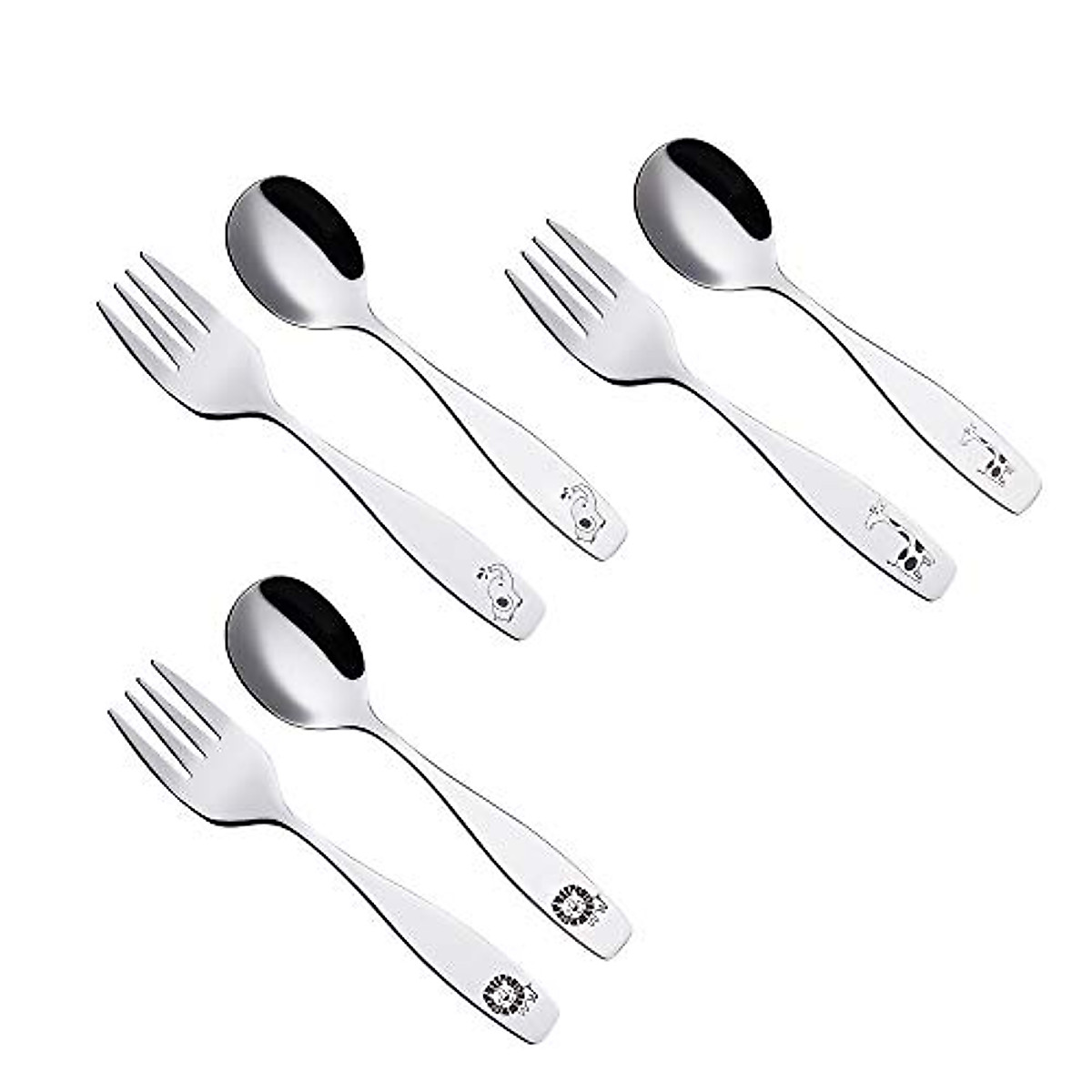 ANNOVA Kids Silverware 6 Pieces Children's Safe Flatware Set Stainless Steel - 3 x Children Forks, 3 x Dinner Spoon, Toddler Utensils, for Lunchbox (Safari Animals Etched Elephant, Giraffe, Lion)