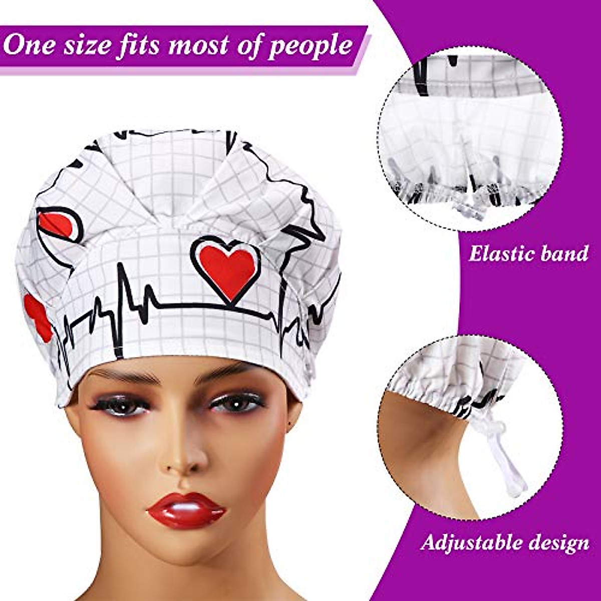 Geyoga 5 Pieces Bouffant Caps with Button and Sweatband, Adjustable Working Hats Nurse Caps for Women Men, 5 Styles(Heart Pattern)