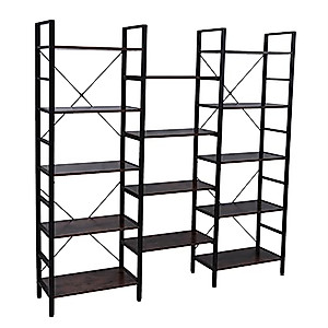 XMLYEC Triple Wide 5-Shelf Bookcase, Etagere Large Open Bookshelf Vintage Industrial Style Shelves Wood and Metal bookcases Furniture for Home & Office (Retro Brown)