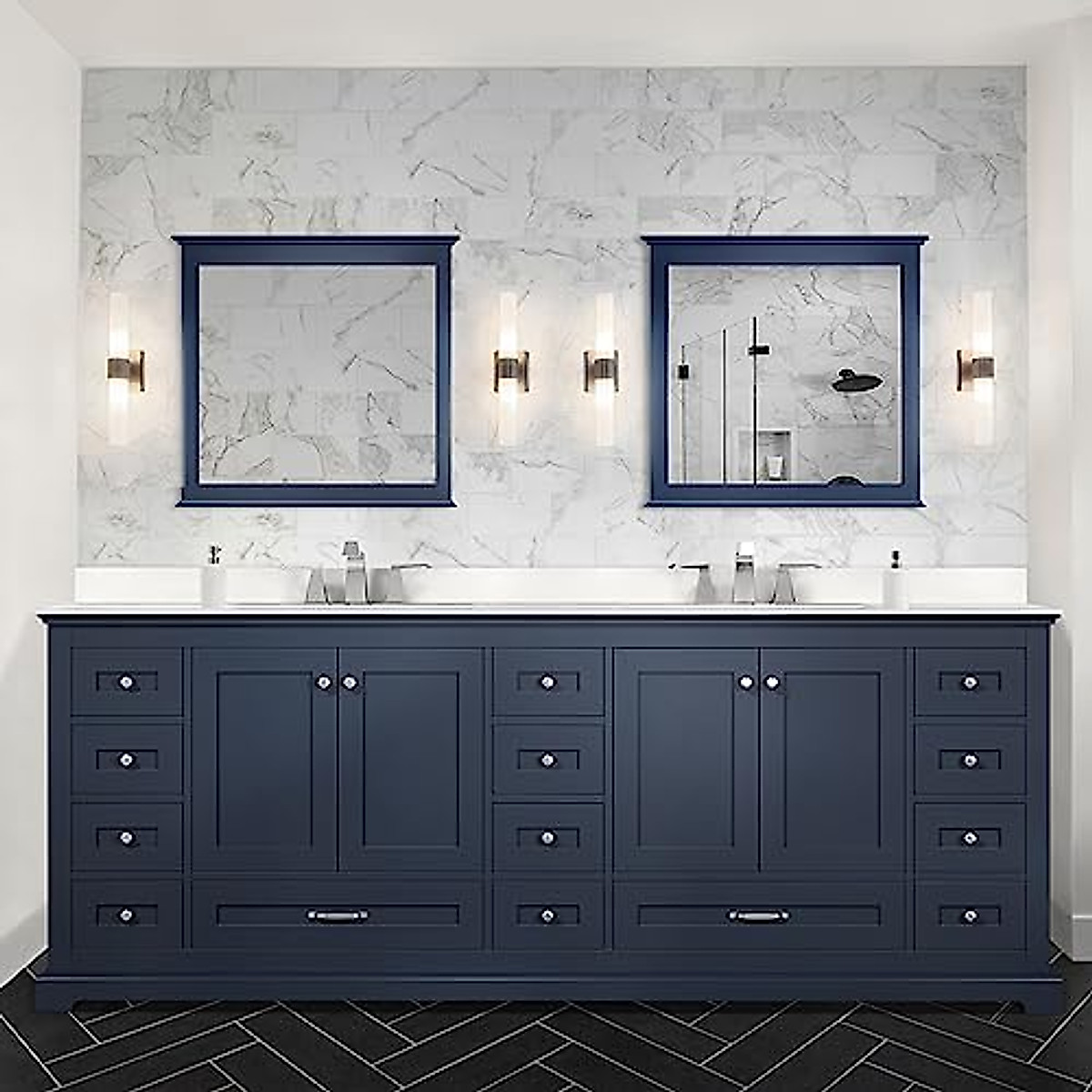 Bell+Modern Tybee 60 in. W x 22 in. D Navy Blue Double Bath Vanity, White Quartz Top and 58 in. Mirror