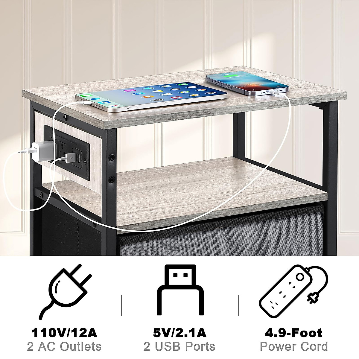 NANANARDOSO End Table with 3 Drawers and 2-Tier Shelf, Fabric Small Dresser Organizer Vertical Storage with Charging Station, Industrial Nightstand Side Table for Bedroom, Sofa, Grey