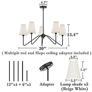 Electro bp;30" Dia 5-Arm Classic Chandeliers Matt Black with White Linen Shades,200W