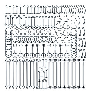 Oveta 150PCS Body Piercing Jewelry Lot 14G 16G 20G Stainless Steel Nose Lip Tongue Cartilage Tragus Eyebrow Industrial Barbell Belly Button Rings Piercing Kit Jewelry (Silver)