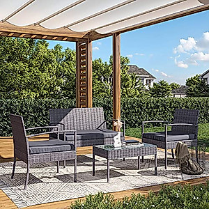 BELLEZE Patio Furniture Set, 4 Pieces Outdoor Furniture Rattan Chairs and Table Wicker Sofa Garden Conversation Bistro Sets with Cushions for Porch Yard Pool or Backyard, Gray
