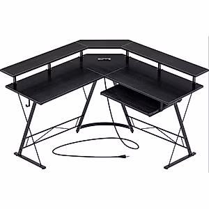 Rolanstar Computer Desk L Shaped, Gaming Desk with Power Outlet, 54” Reversible Desk with Monitor Stand and Keyboard Tray, Home Office Desk with Hook, Black
