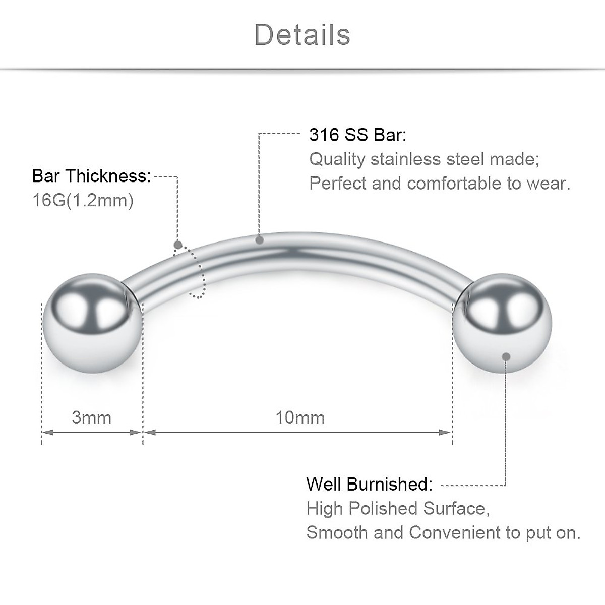 SCERRING 6PCS 16 Gauge 10mm Stainless Steel 3mm CZ Gems Shiny-Ball Curved Barbell Curved Barbell Eyebrow Cartilage Tragus Belly Lip Ring Studs - Silver