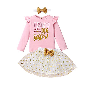 LYQTloml Toddler Kids Baby Announcement Promoted to Big Sister Outfits Long Sleeve T-Shirt Tank Top Dot Mesh Tutu Skirt 2PCS Autumn Skirt Set