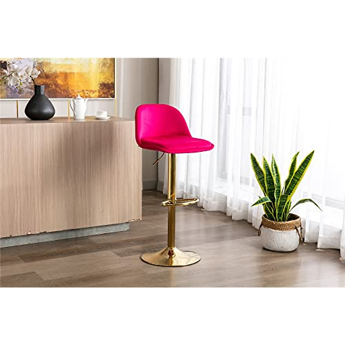 QQU Modern Bar Stools 360°Swivel Velvet Adjustable Counter Bar Stool with Arm, Back and Footrest Modern Upholstered, Barstools for Kitchen Island, Cafe, Pub, Bar Counter (Rose Red)
