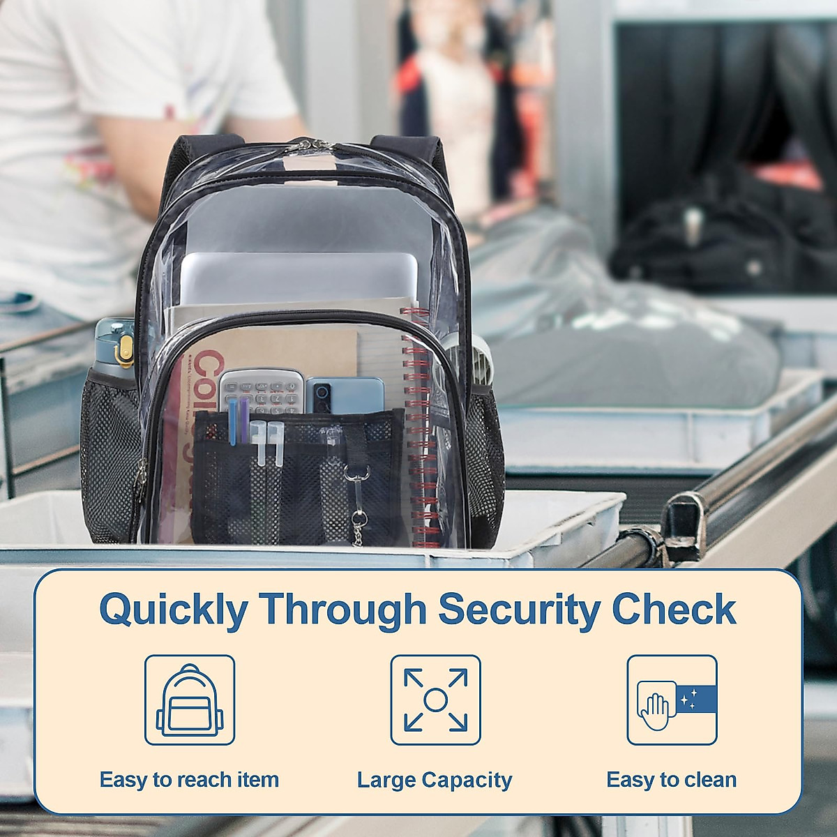 Cambond Clear Backpack, Heavy Duty Transparent Backpacks for Adults Reinforced Straps See-Through Bag for School and Work（Black）