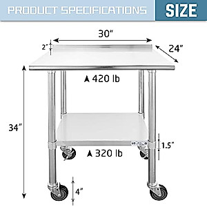 Hally Stainless Steel Table for Prep & Work 24 x 30 Inches with Caster Wheels, NSF Commercial Heavy Duty Table with Undershelf and Backsplash for Restaurant, Home and Hotel