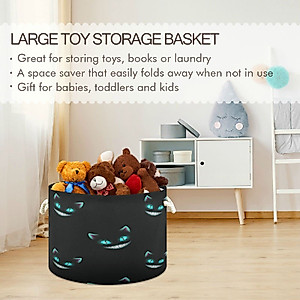 Kigai Cheshire Cat Texture Large Round Storage Basket with Handle, Collapsible Decorative Laundry Baskets for Blanket, Cotton Rope Organizer Toys Towels Nursery Hamper Bin, 20" x 14"