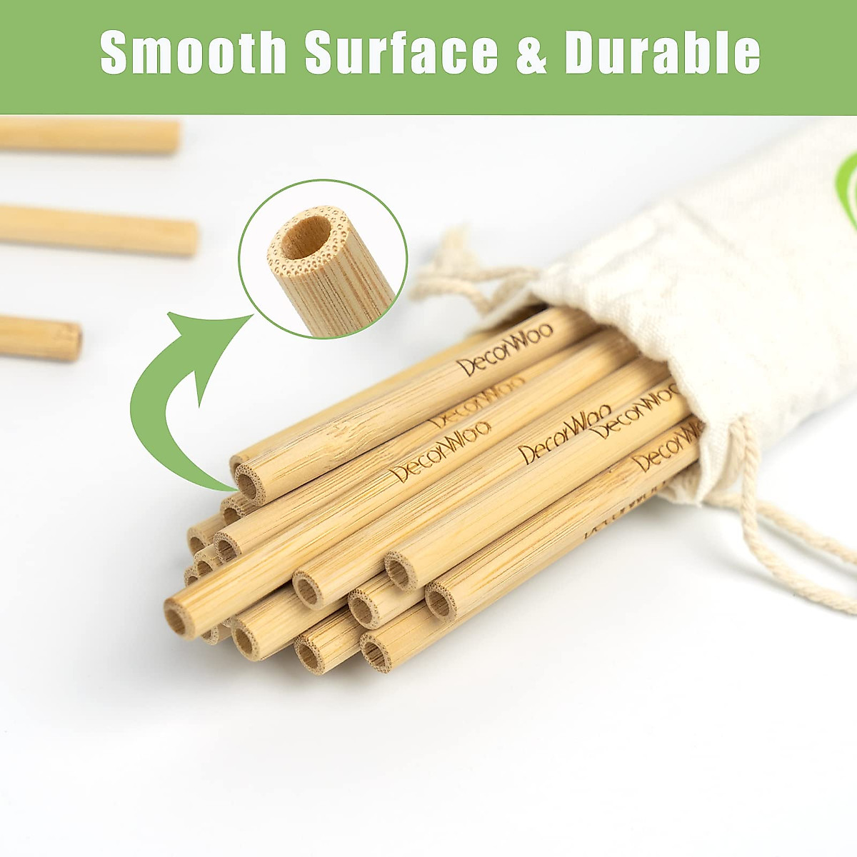 DecorWoo 20 Pack Reusable Straws, 7.8 Inch Bamboo Straws BPA Free, Biodegradable Wooden Straws Alternative to Plastic Straws, Include Cleaning Brush and Travel Pouch
