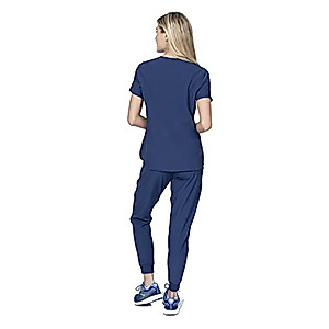 Womens Scrub Set Mock Wrap & Jogger Pants 7 Pocket 4-Way Stretch for Nurse Dentist Elements Select ES2956 (Navy, Small)