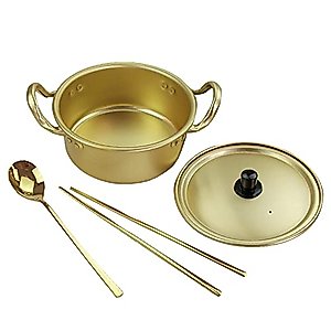 20cm Korean Ramen Cooking Pot with Spoon Chopsticks Lid Ramen Pot Fast Heating Instant Noodle Soup Korean Korean Ramen Noodle Pot Fast Heating For Kitchen Cookware(Gold)