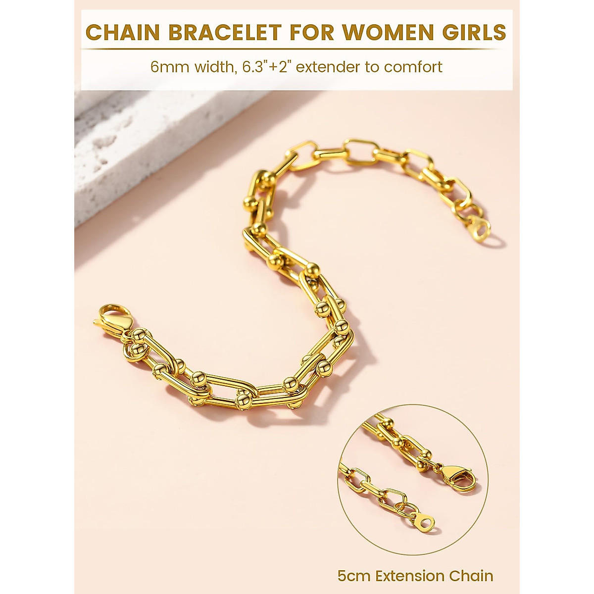 KeyStyle Gold Paperclip Chain Bracelet for Women, 18k Gold U Shaped Link Bracelets for Wife Fiancee, 21cm