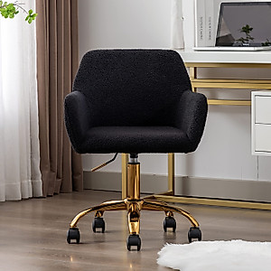 SSLine Faux Fur Vanity Chair Elegant Black Furry Makeup Desk Chairs for Girls Women Modern Comfy Fluffy Arm Chair with Gold Wheels in Bedroom Living Room