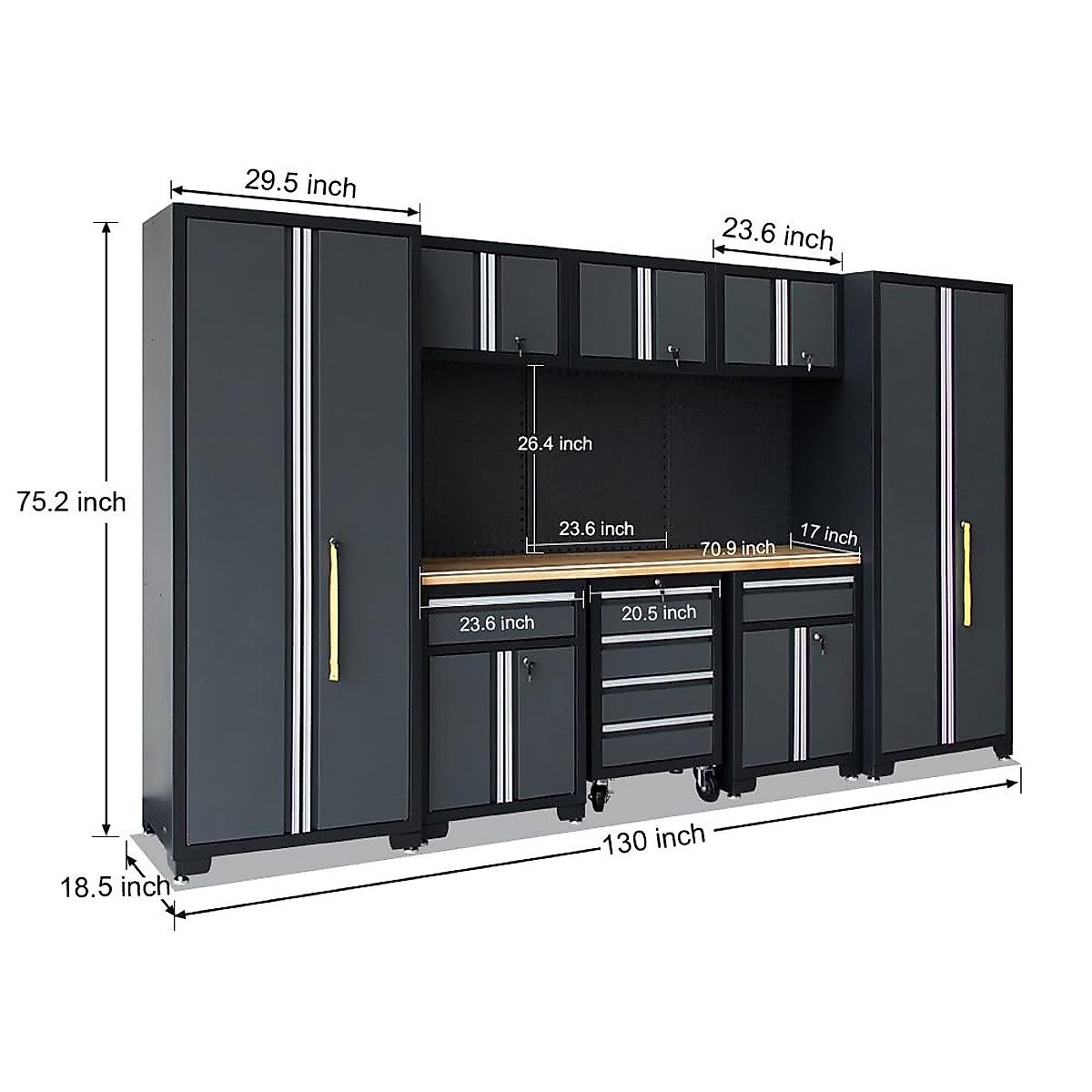 4utoHydra 9-Piece Workshop Cabinet Set w/Pegboard in Grey with Workbench - Perfect for Organizing Tools - Included Steel Cabinets Drawers Shelving Rolling Chest New