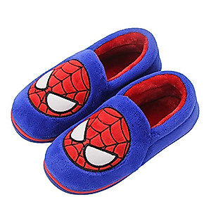Toddler Little Kids Warm Plush Slippers with Spider Boys House Indoor Shoes Blue, 1.5 Big Kid