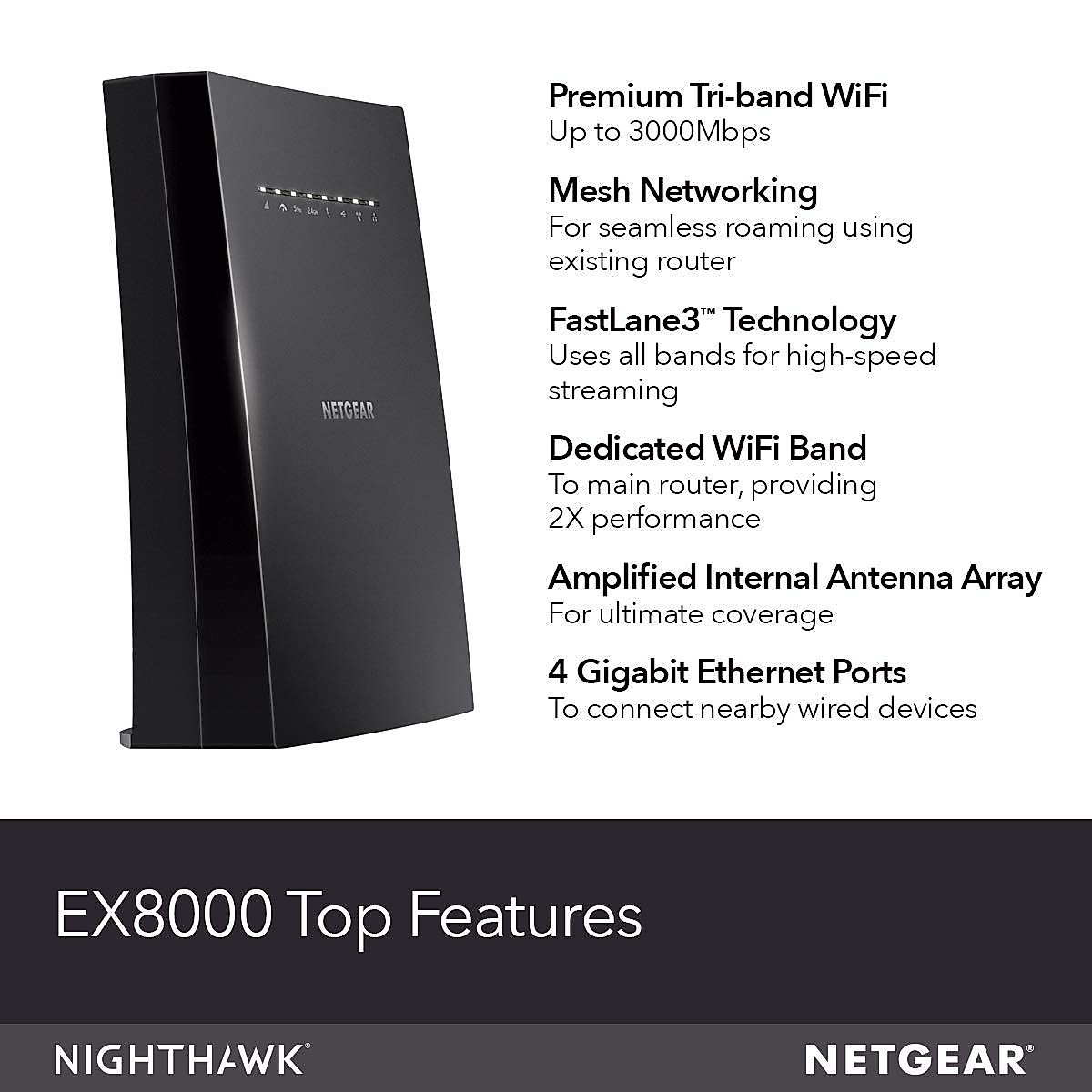Netgear Wi-Fi Mesh Range Extender EX8000 - Coverage up to 2500 sq.ft. and 50 devices with AC3000 Tri-Band Wireless Signal Booster & Repeater (up to 3000Mbps speed), plus Mesh Smart Roaming (Renewed)