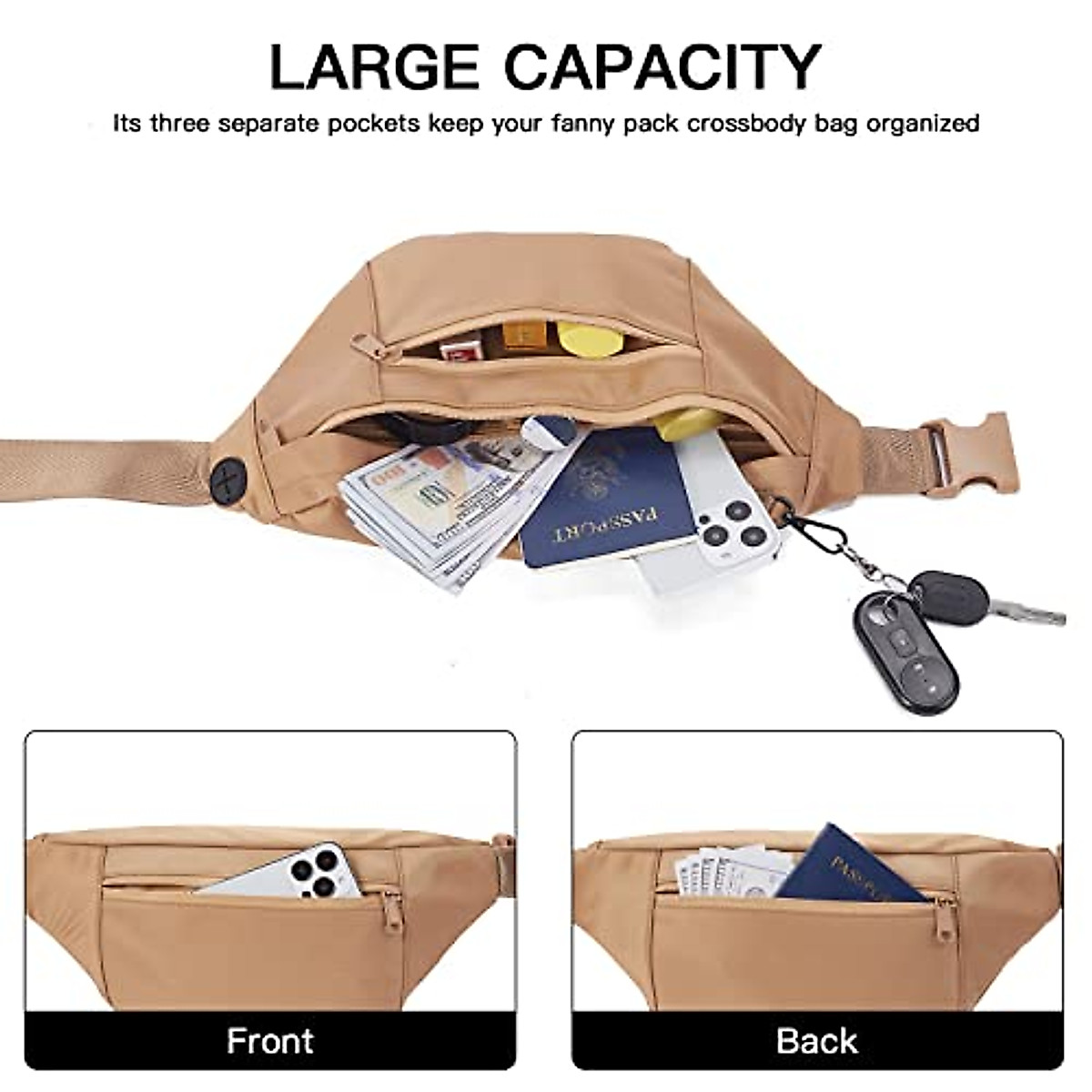 Telena Crossbody Fanny Pack for Women Men Fashion Waist Pack Belt Bag with 4-Zipper Pockets for Hiking Running Travel, Light Brown